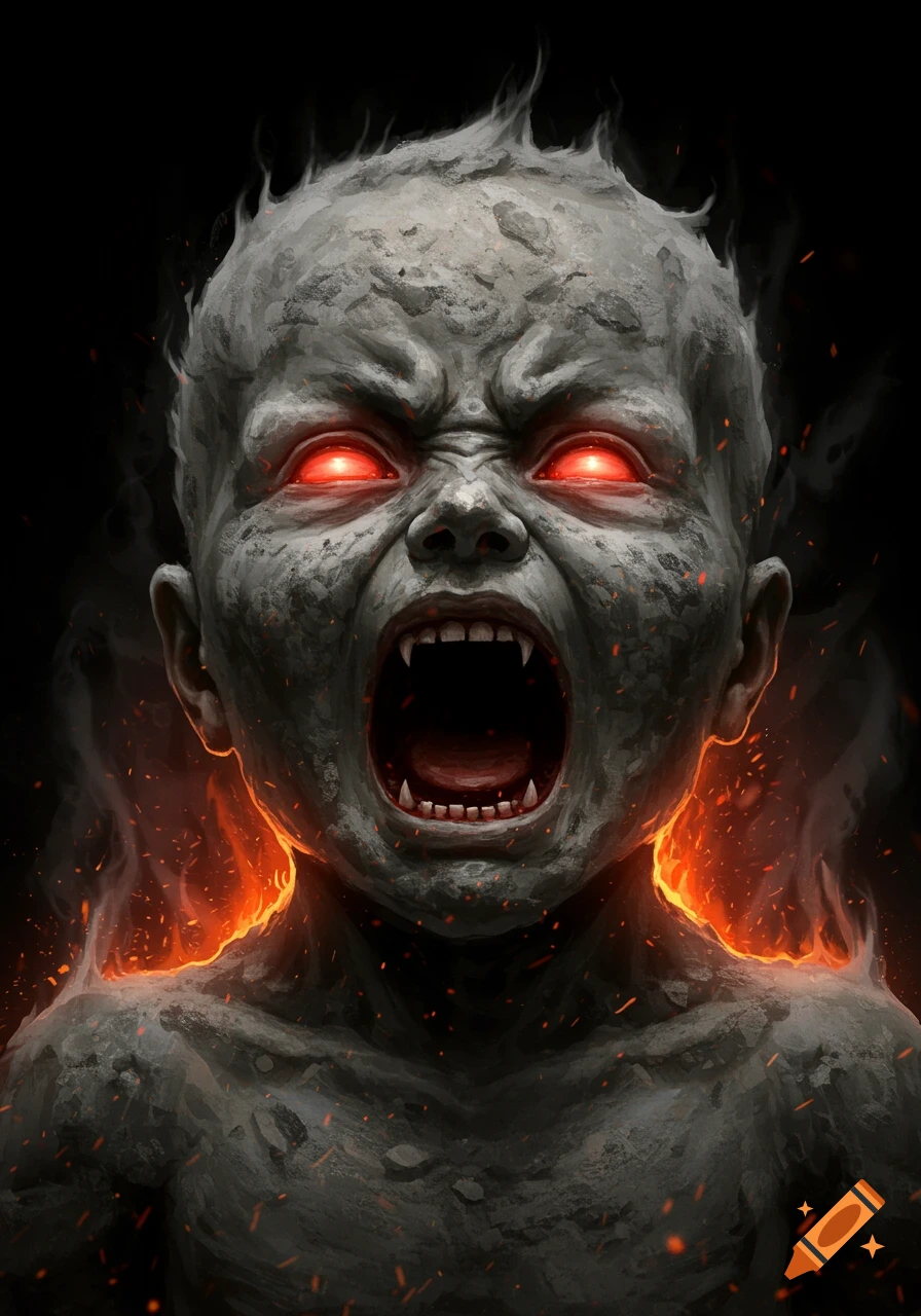 Close-up of a monstrous baby head with glowing red eyes, sharp fangs, and ash-like skin ...
