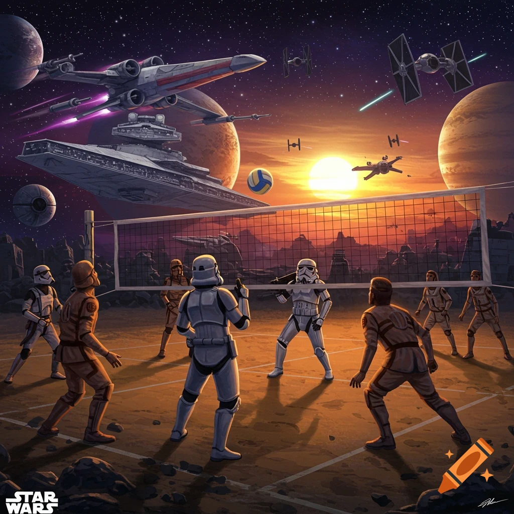 Stormtroopers and rebels play volleyball on a planet with spaceships ...