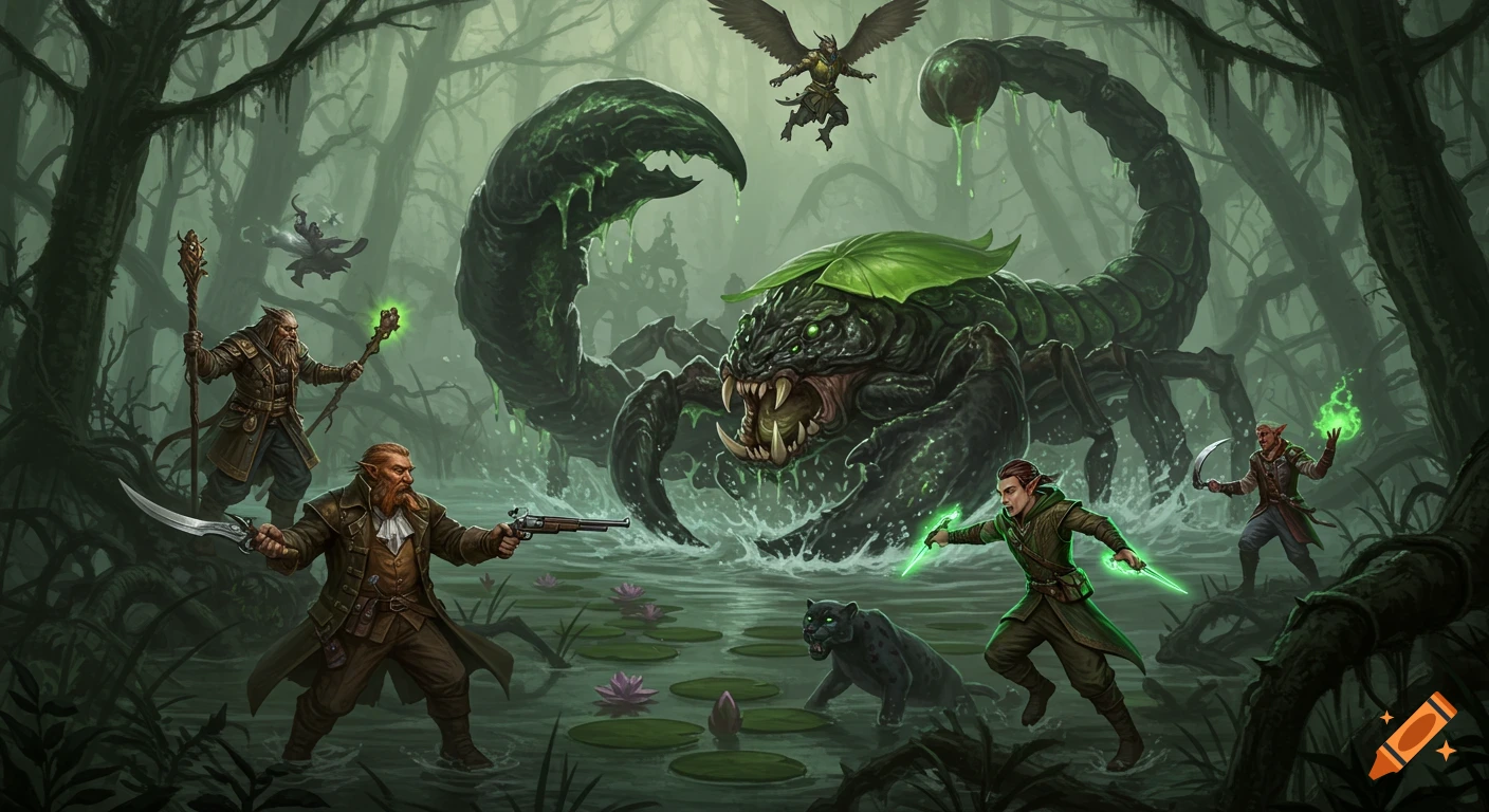 Fantasy battle in a swamp: adventurers fight a large green scorpion ...