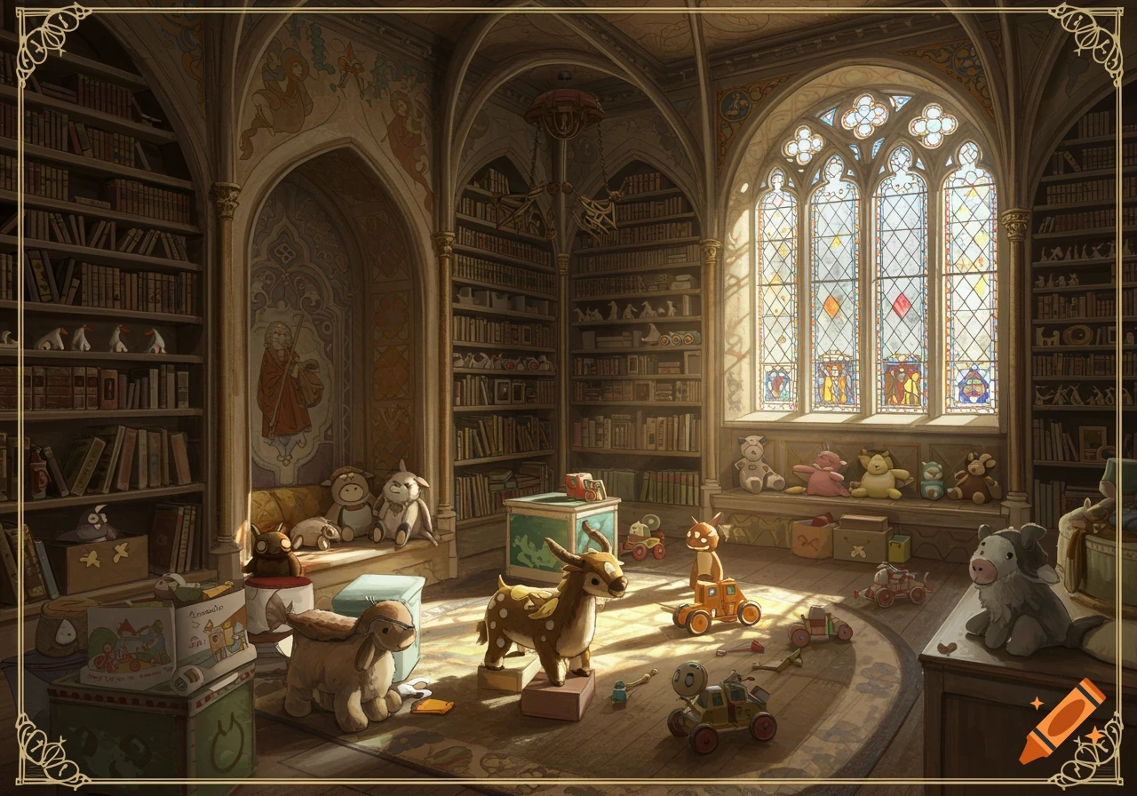 A grand library room filled with toys and books, sunlight streams ...