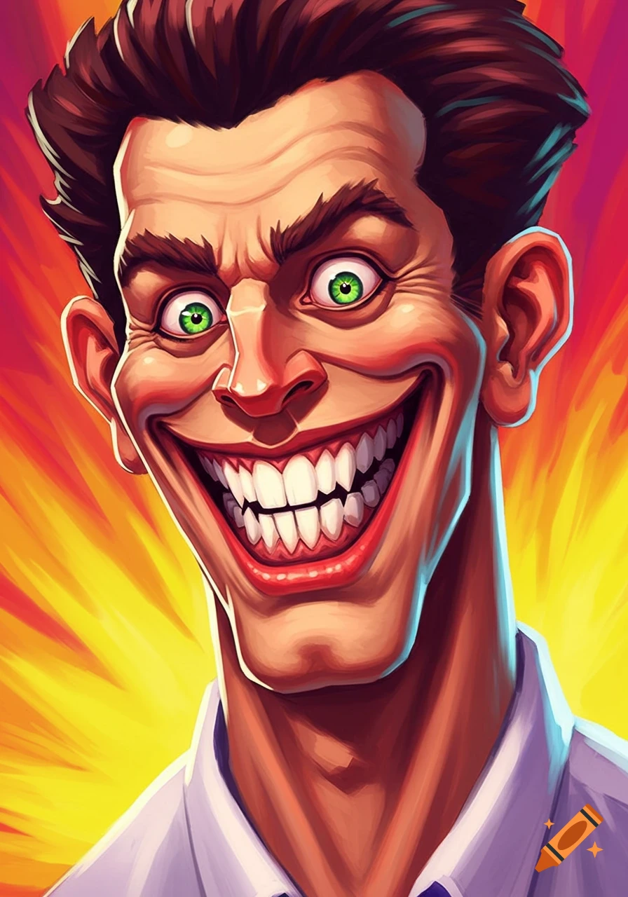 Illustration of a man's face with a wide, maniacal smile and ...