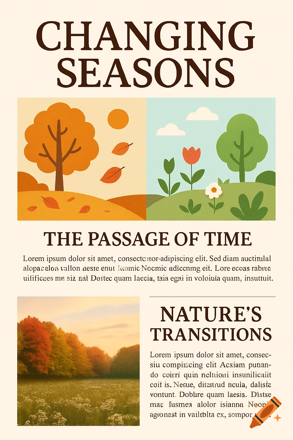 Layout design with panels showing autumn and spring scenes and text ...