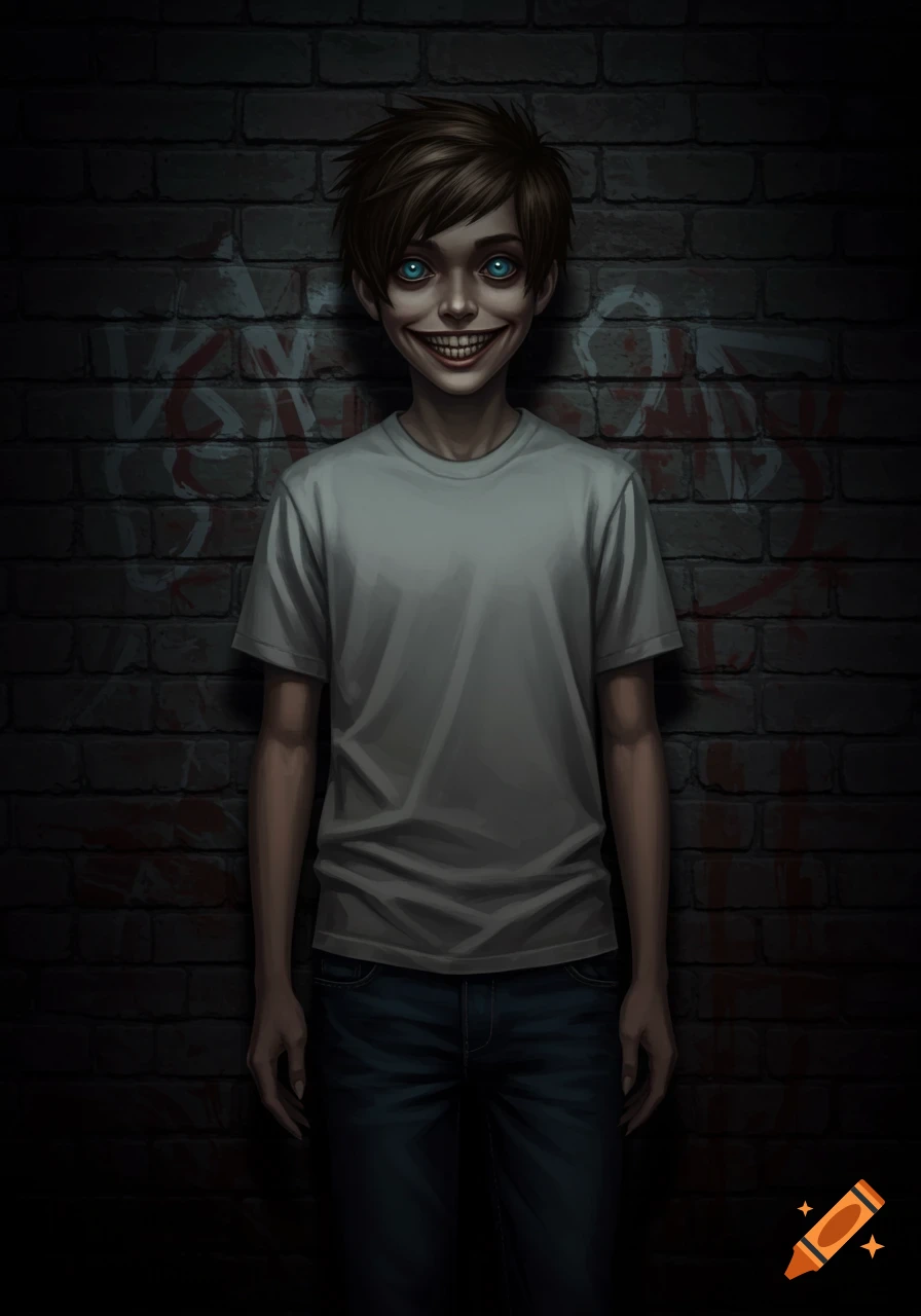 Creepy boy with blue eyes and wide smile stands against a brick wall ...