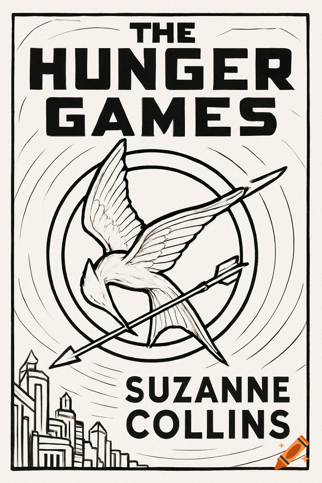 Black and white outline illustration of The Hunger Games book cover ...