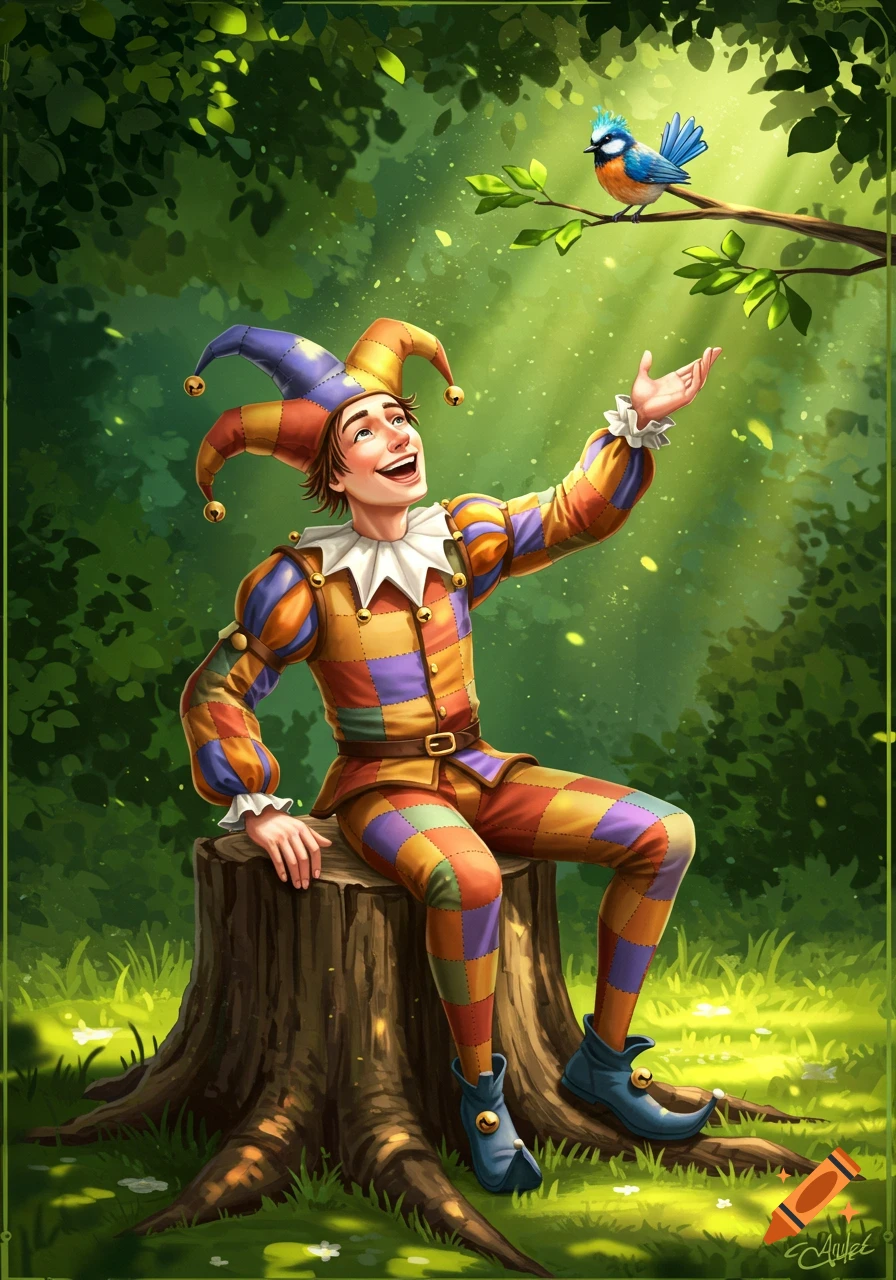 Illustration of a jester sitting on a stump in a forest, looking up at ...
