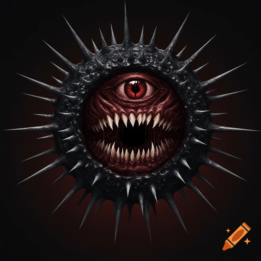 A black spiky sphere creature with a red eye and sharp teeth on a dark ...