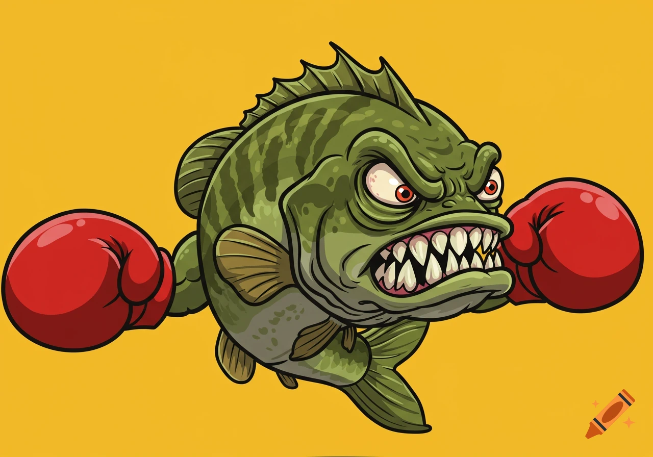 Cartoon of an angry bass fish wearing red boxing gloves. on Craiyon