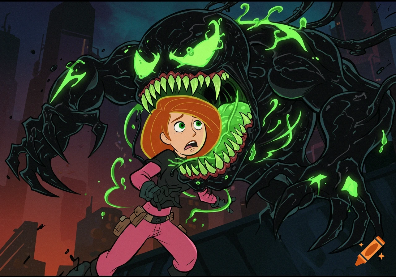 Cartoon of Kim Possible running from a monstrous black and green ...