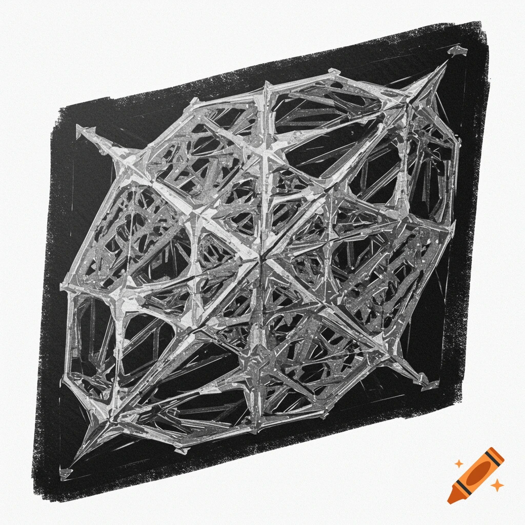 A grayscale abstract geometric structure on a black background. on Craiyon