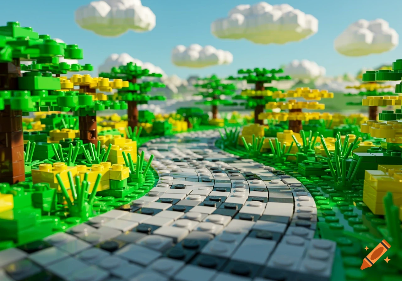 A landscape built from Lego bricks shows a curving road, trees, and ...