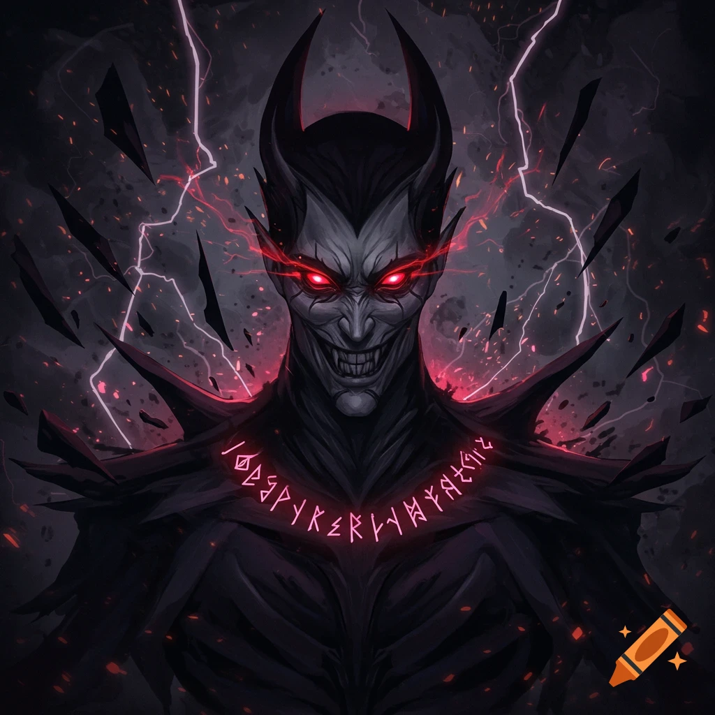 Dark illustration of a demonic villain with red eyes, horns, glowing runes, and lightning. on ...