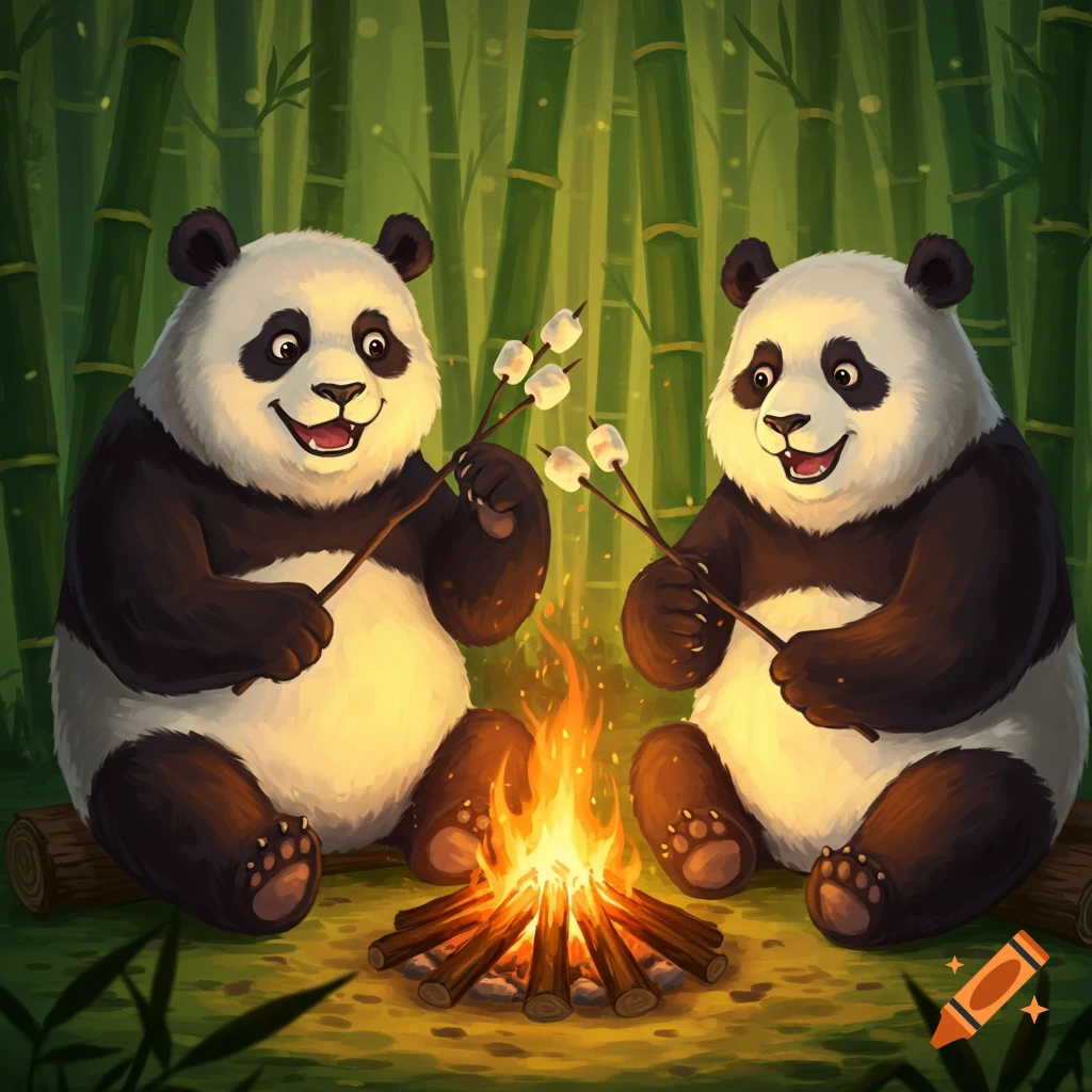 Two happy pandas roast marshmallows over a campfire in a bamboo forest ...