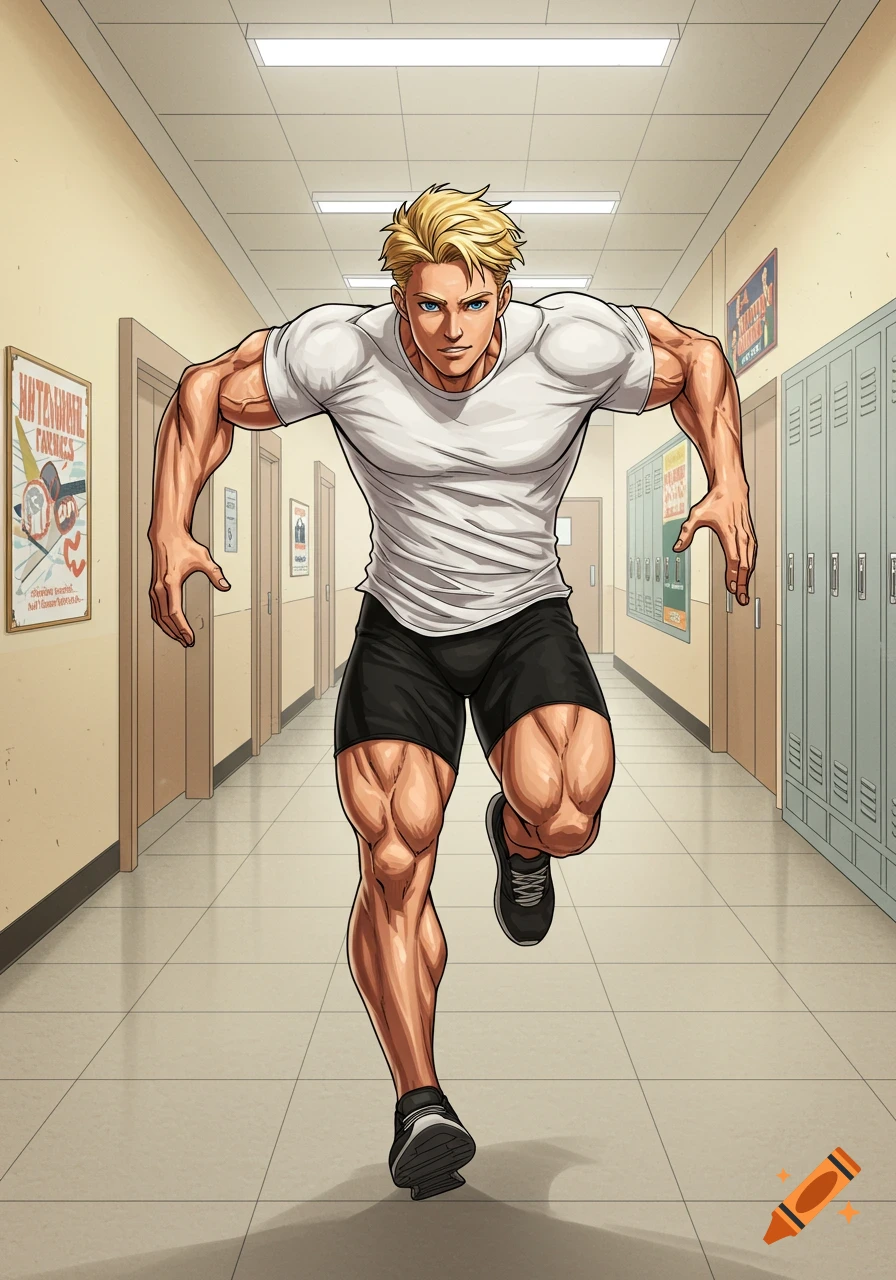 Muscular blonde man running in a school hallway in a comic book style ...