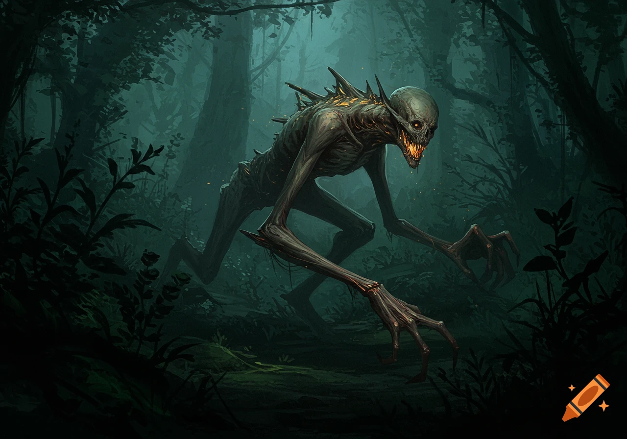 Skeletal monster with glowing eyes and sharp claws in a dark forest. on ...