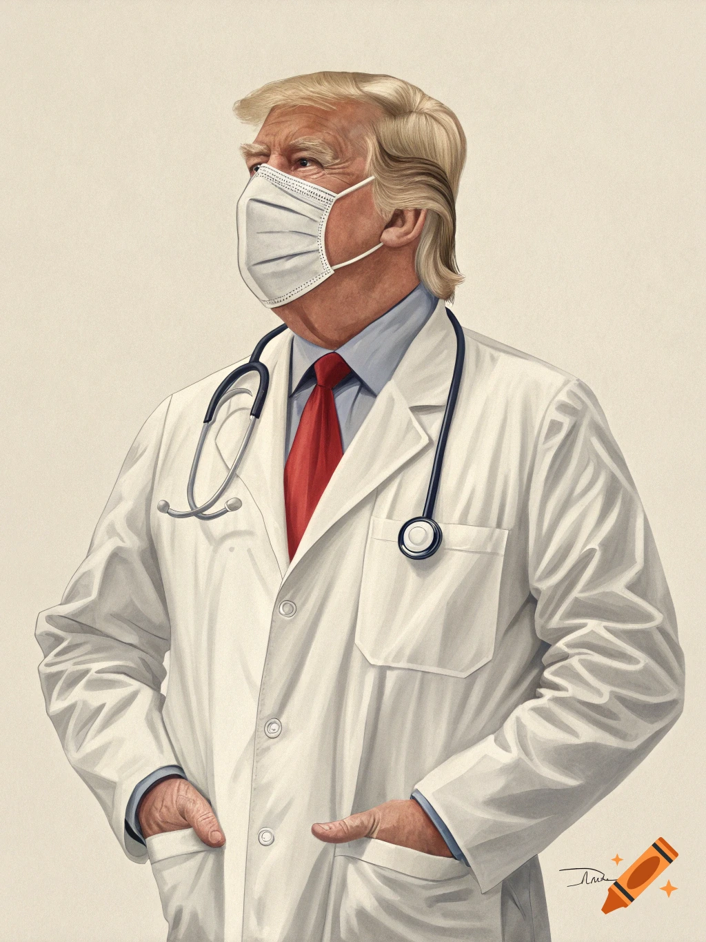 Illustration of Donald Trump wearing a medical mask and doctor's coat with a stethoscope. on Craiyon