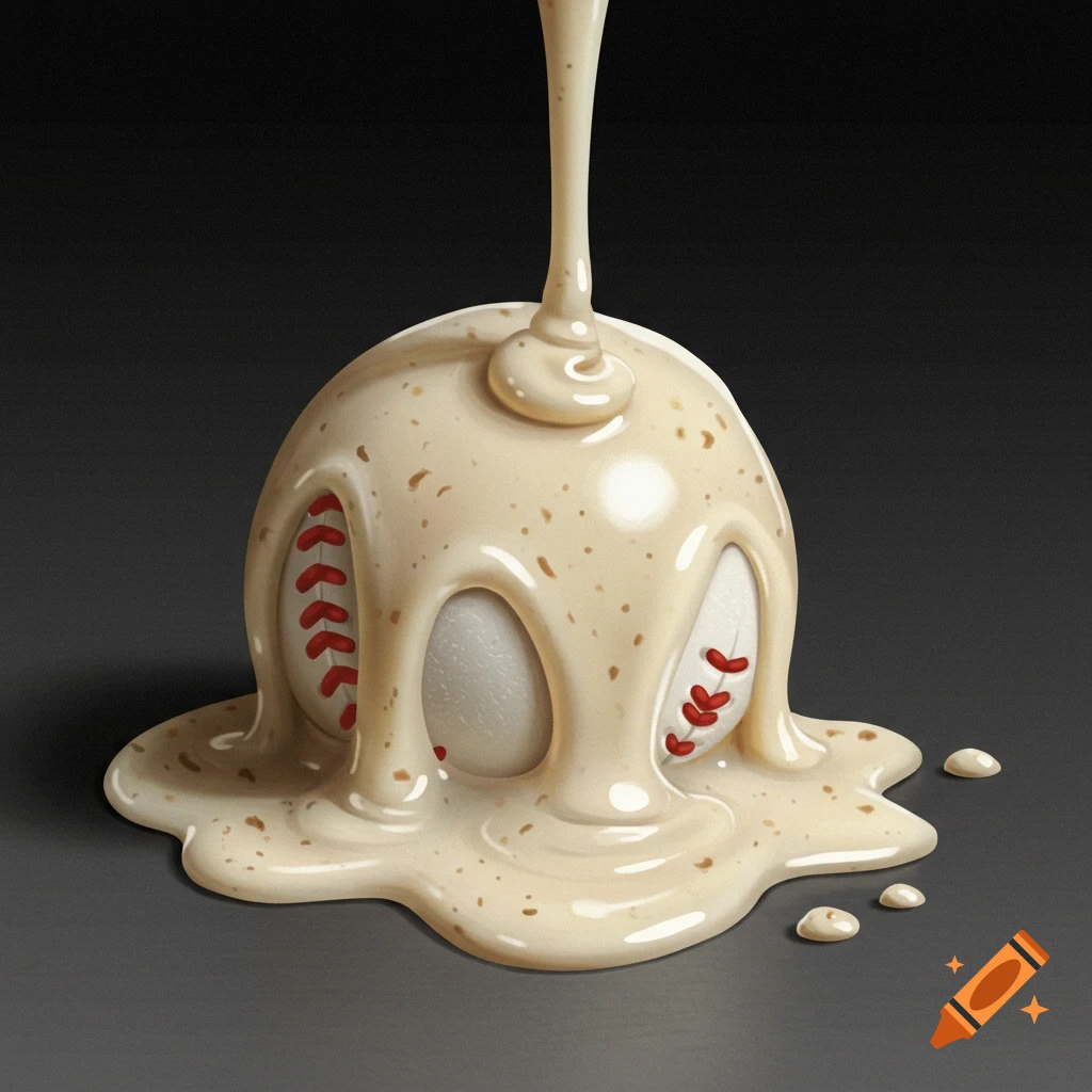 Realistic rendering of a baseball dripping with creamy sauce on Craiyon