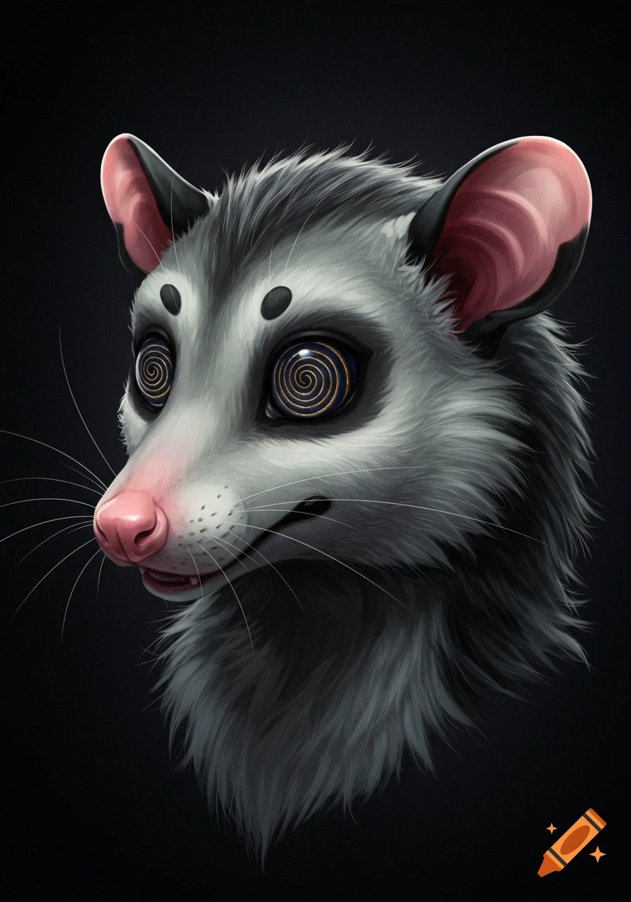 Close-up illustration of a possum head with spiral eyes and grey fur. on Craiyon