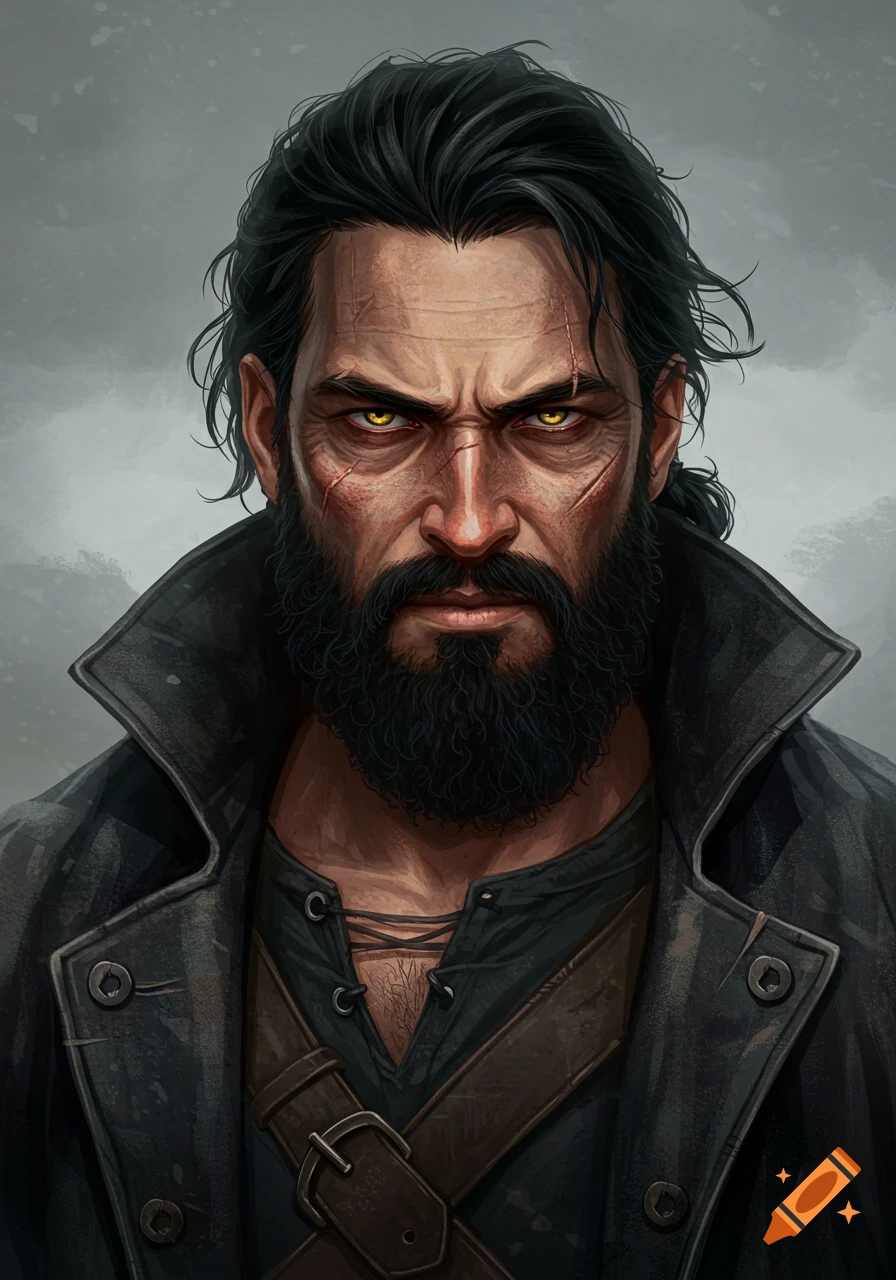 Digital painting portrait of a rugged man with beard, scars, and yellow ...