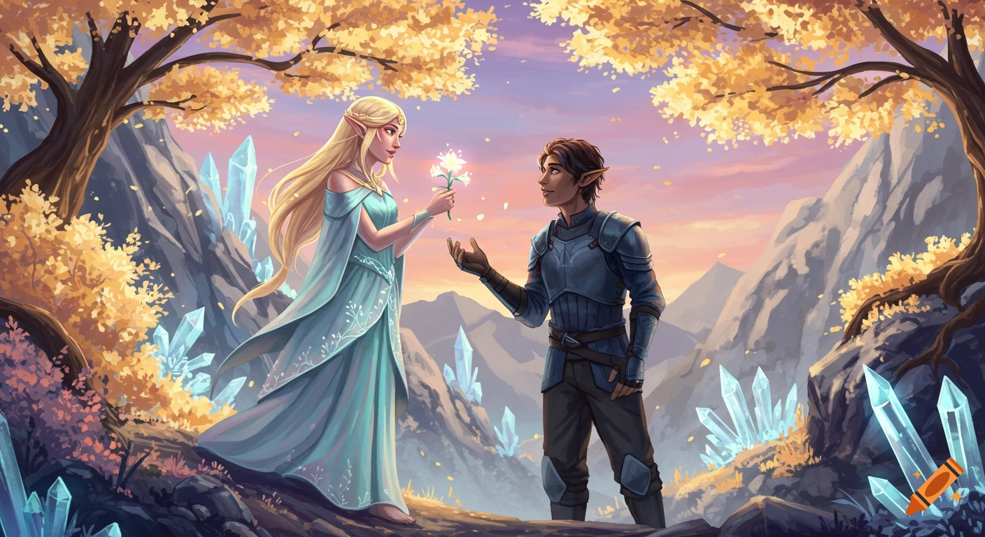 Two fantasy characters exchange a flower in a vibrant mountain ...