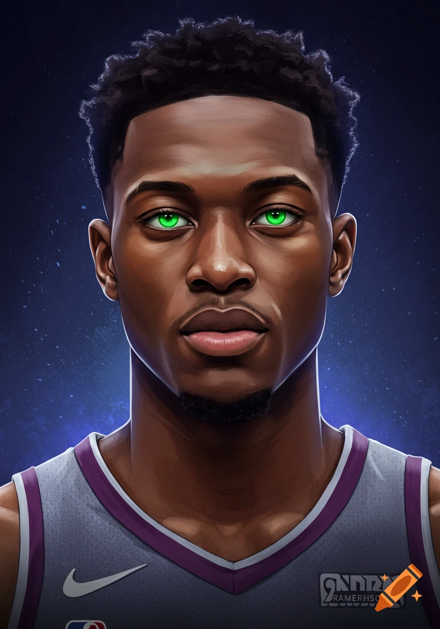Portrait of a man with green eyes wearing a basketball jersey on Craiyon