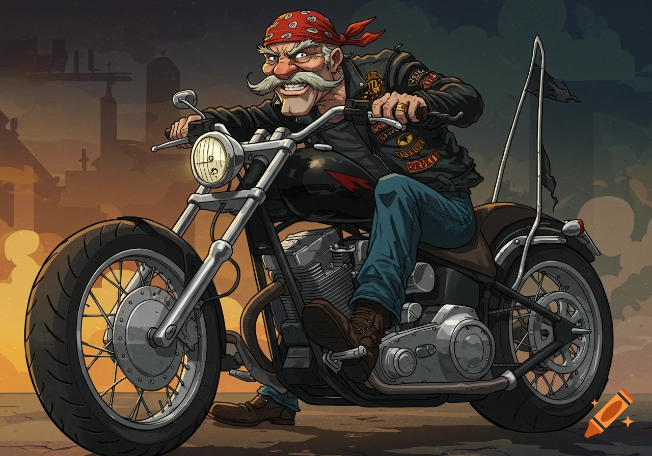 Cartoon illustration of an older man with a mustache and bandana riding ...