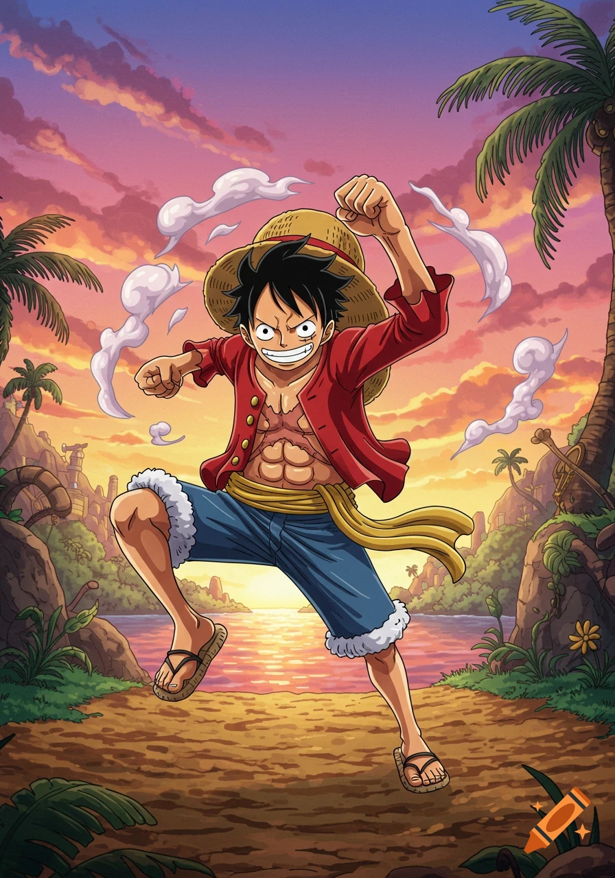 Luffy from One Piece jumps on a tropical beach at sunset, anime style ...