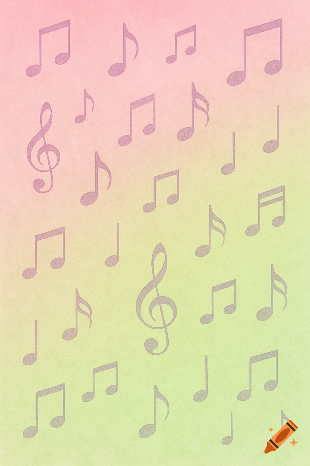 Pink and green ombre background with scattered music notes and treble ...