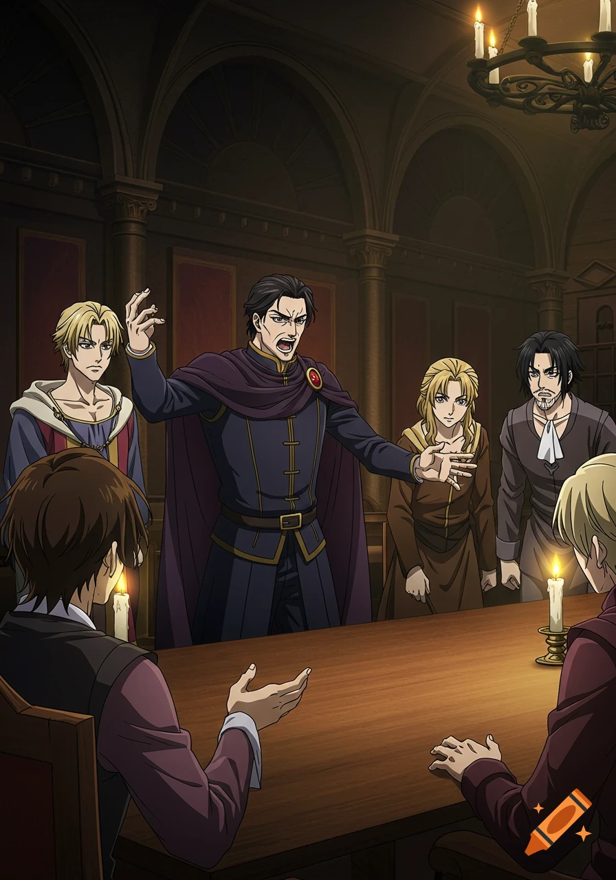 Anime style illustration of men in a dramatic meeting around a ...