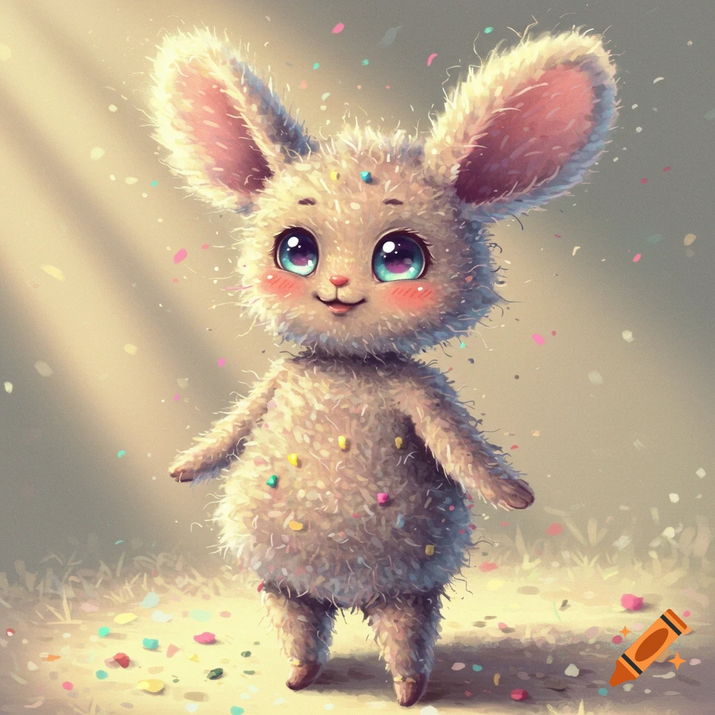 Fluffy dust bunny creature covered in colorful sprinkles standing in a ...