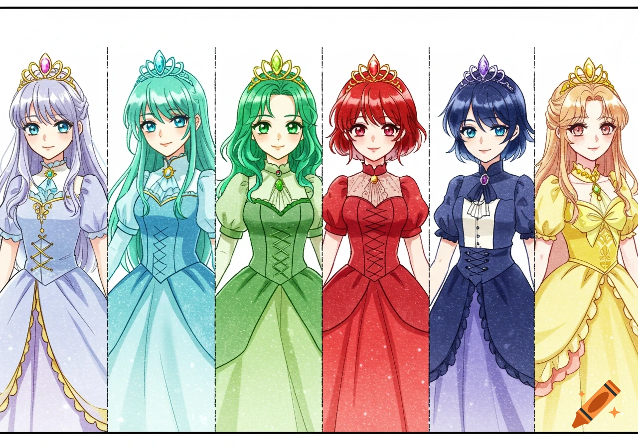 Six anime princesses in colorful dresses and crowns standing side-by ...