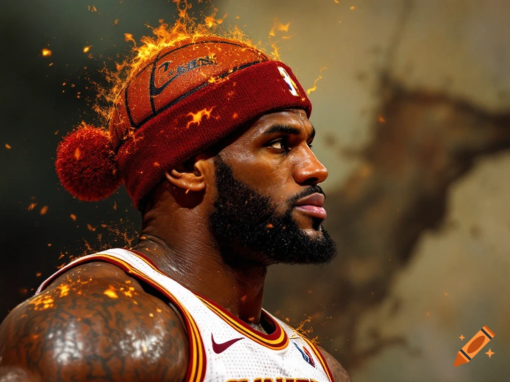 Man resembling LeBron James with a flaming basketball on his head ...