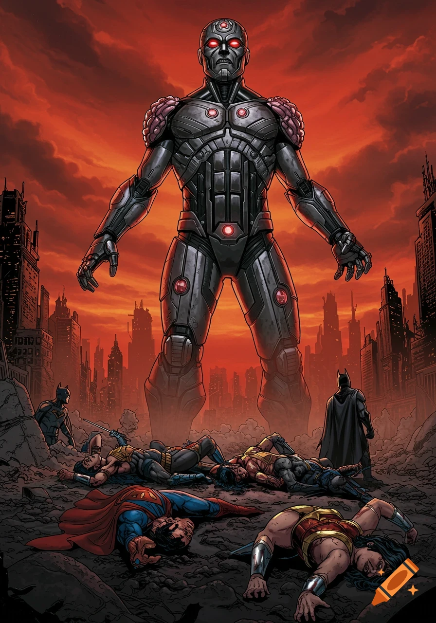 Brainiac stands over defeated Justice League heroes in a destroyed city ...