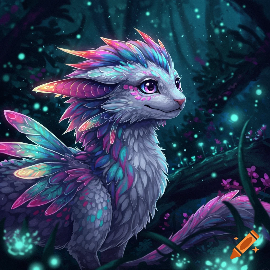 Colorful fantasy creature with feathers and scales sits in a dark ...