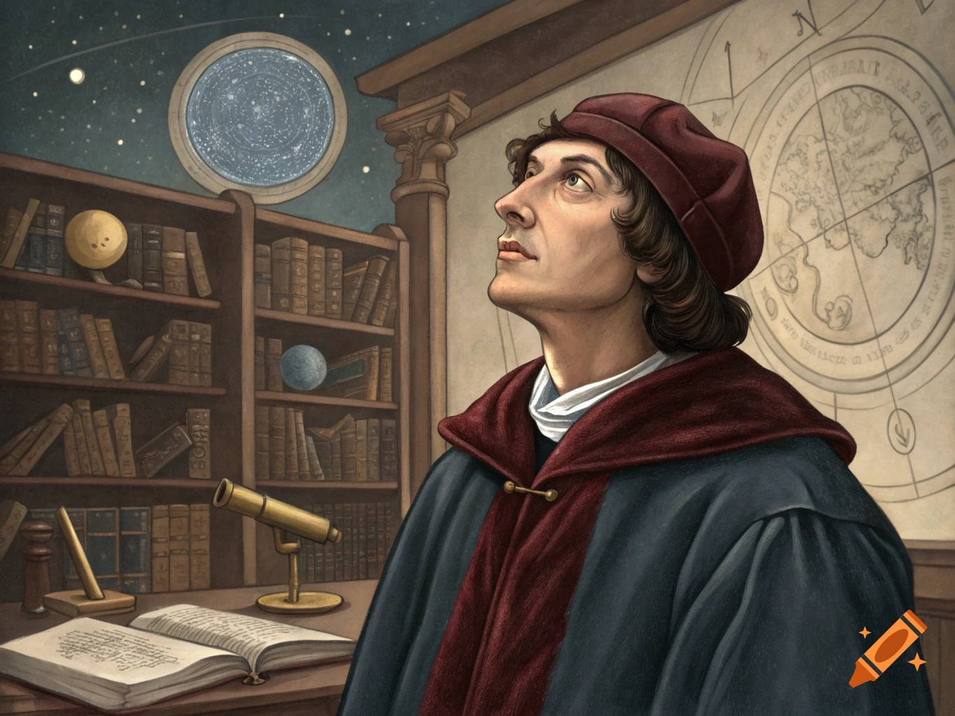 Illustration of Nicolaus Copernicus looking up in a study with books, a ...