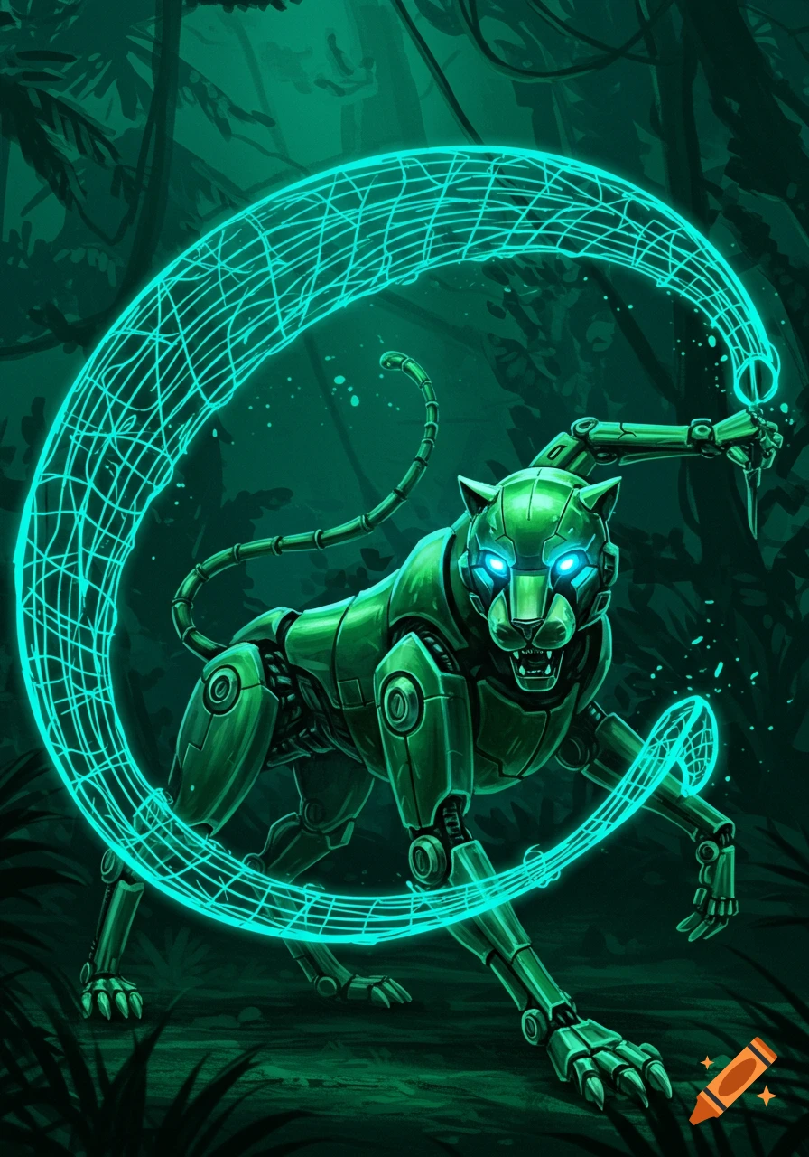 Green robot panther creates a glowing blue wireframe structure in a ...