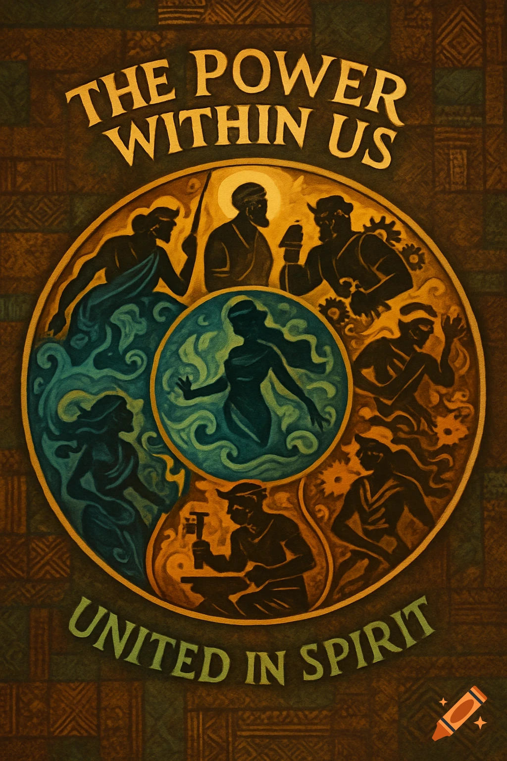 Stylized spiritual illustration with figures in a circle, textured ...