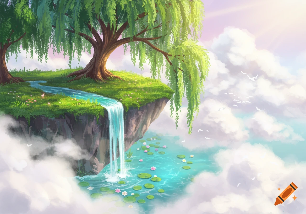 A fantasy landscape of a floating island with willow trees, a waterfall ...