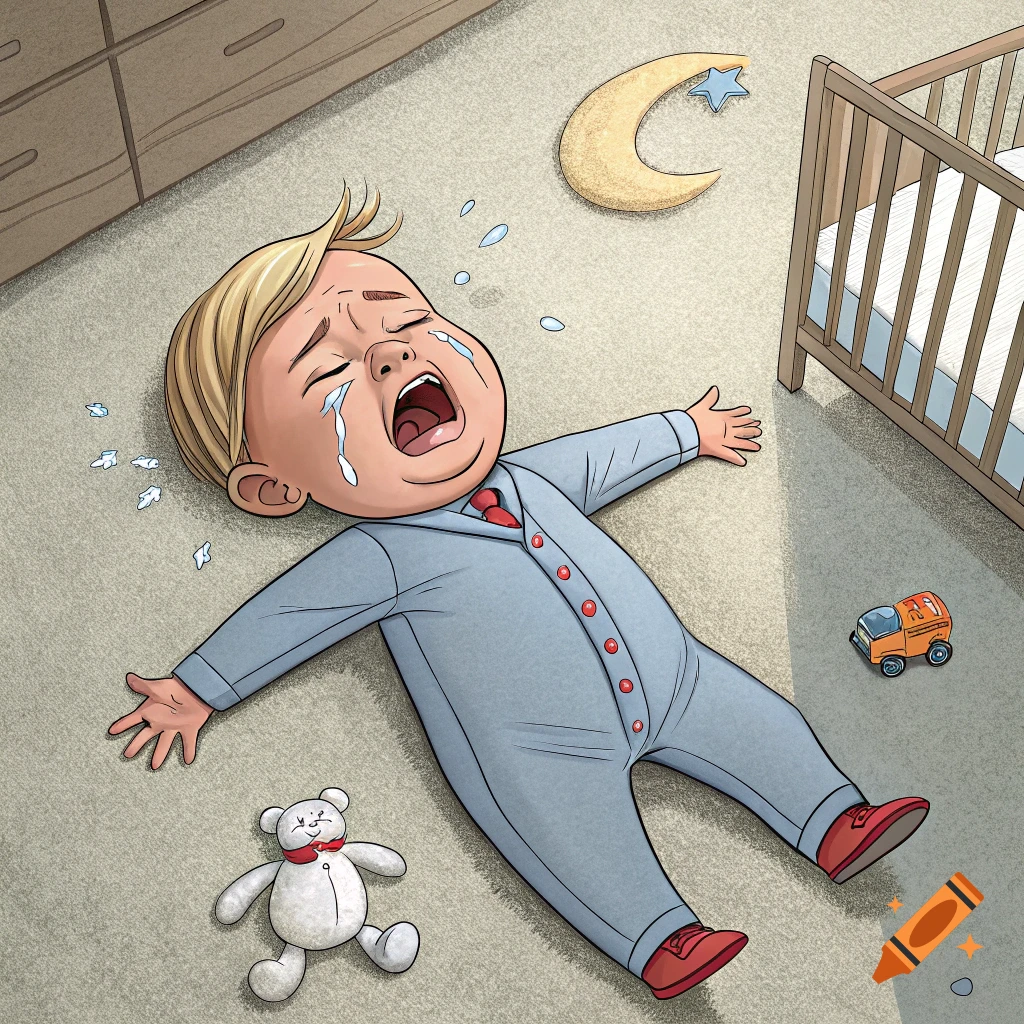 Cartoon illustration of a crying baby lying on the floor next to a crib ...