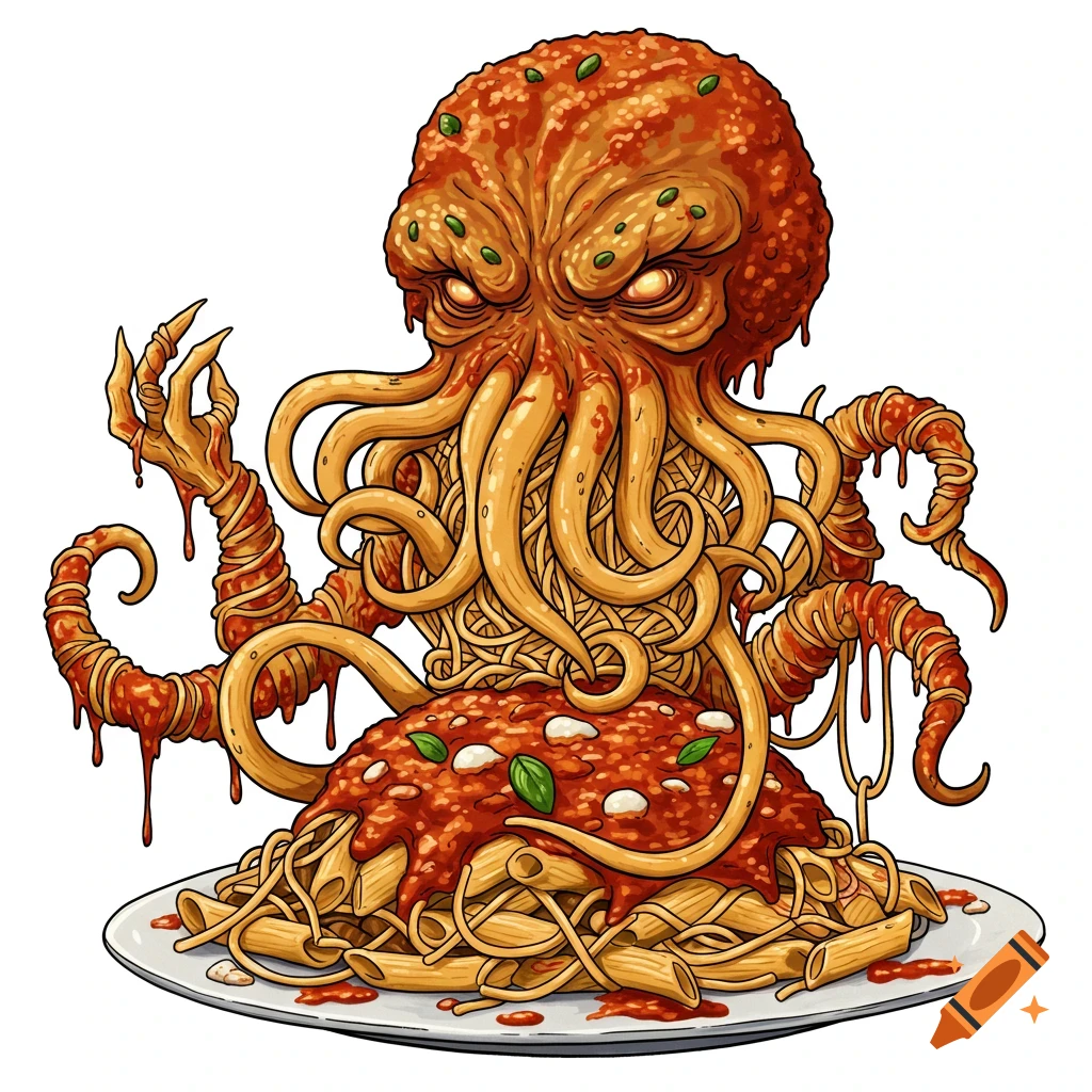 Monster made of spaghetti and meatballs on a plate of pasta. on Craiyon