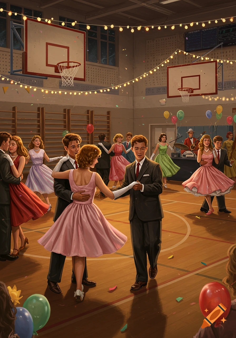 Illustration of people dancing at a 1950s school prom in a gymnasium ...
