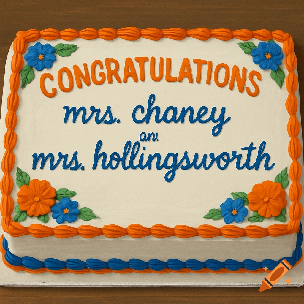 Rectangular cake with orange and blue icing border and flowers. Text says 'CONGRATULATIONS mrs ...
