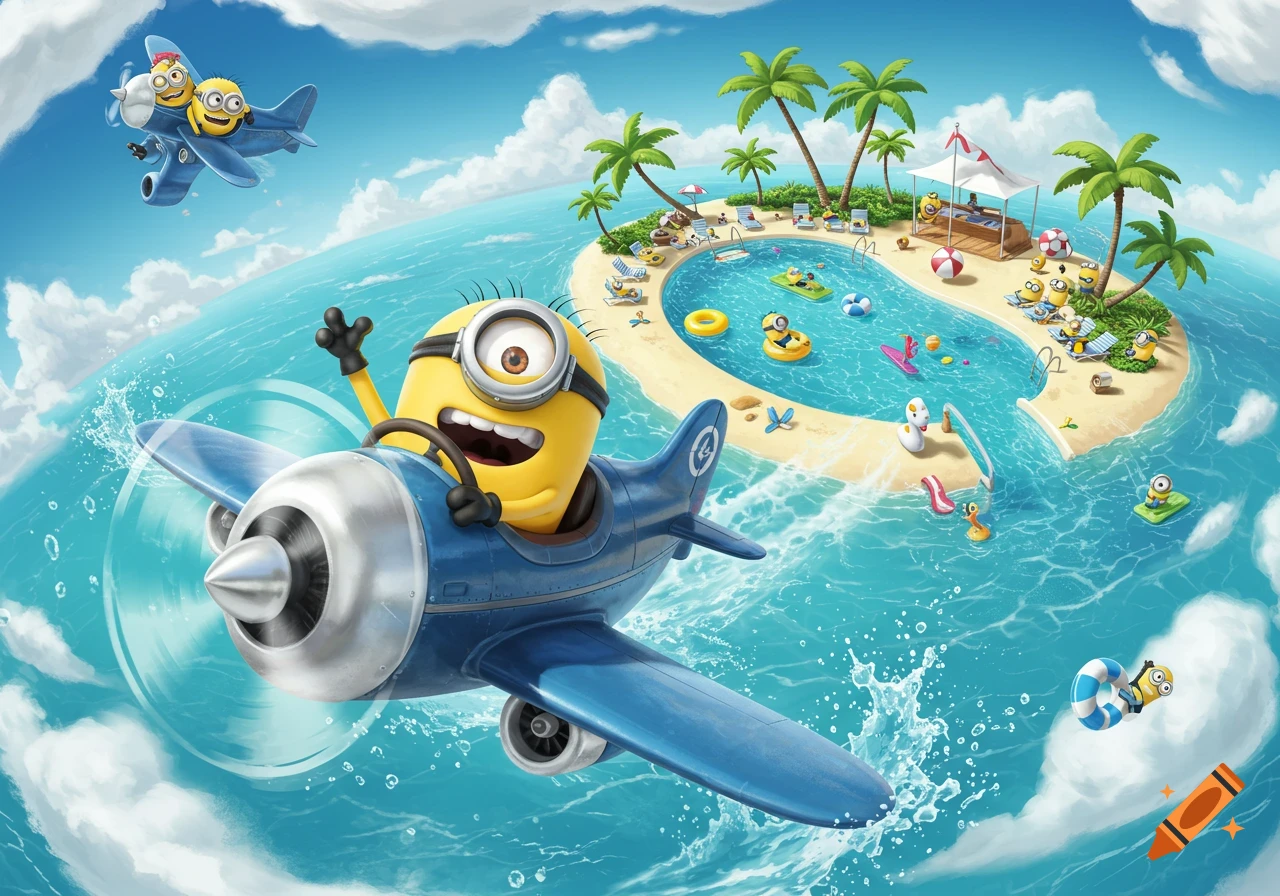 A cartoon Minion flying a plane over a tropical island pool party ...