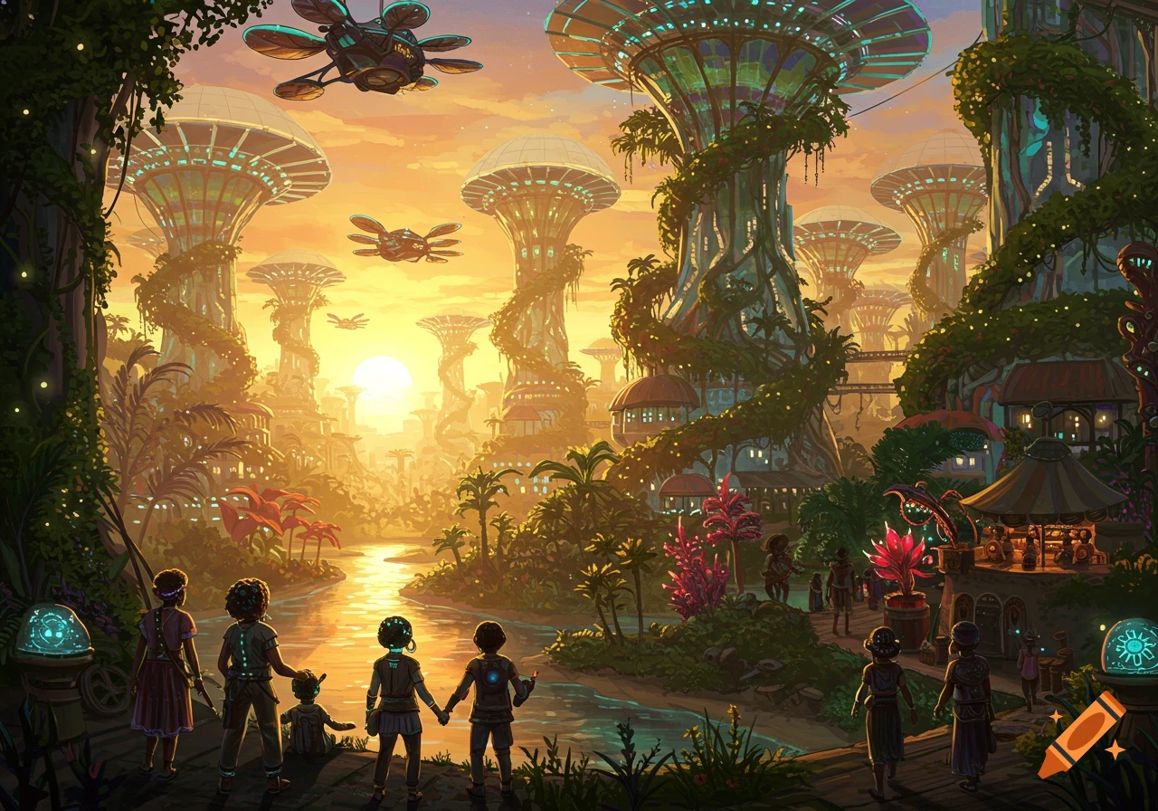Children view a glowing solarpunk city with futuristic vine-covered ...