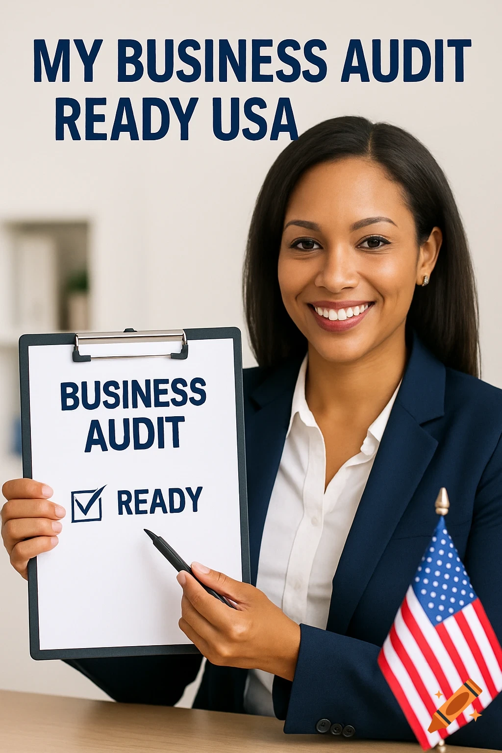 A woman in business attire holds a clipboard that says 'Business Audit Ready' and points to it ...