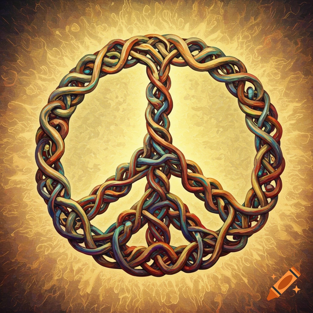 A peace symbol formed from vibrantly colored interwoven strands against ...