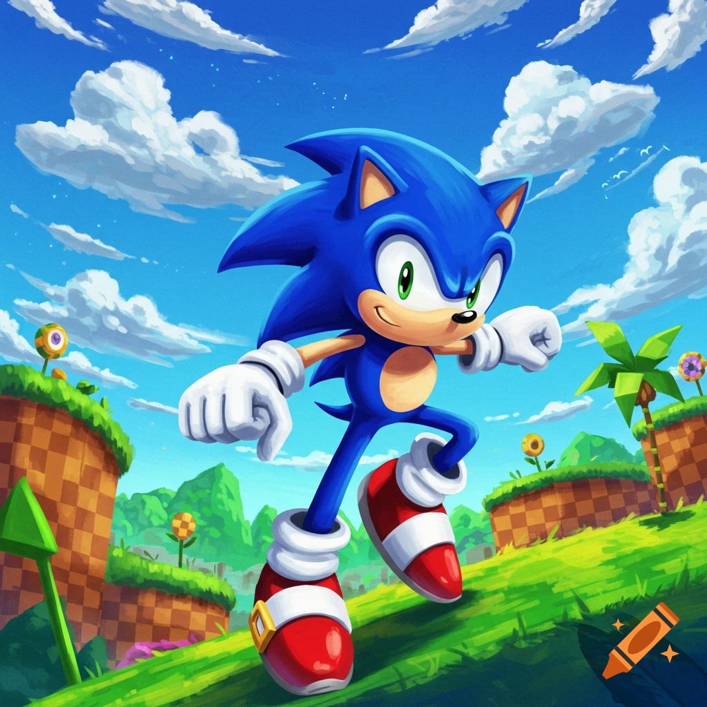 Sonic the Hedgehog running up a grassy hill in a bright, sunny cartoon ...