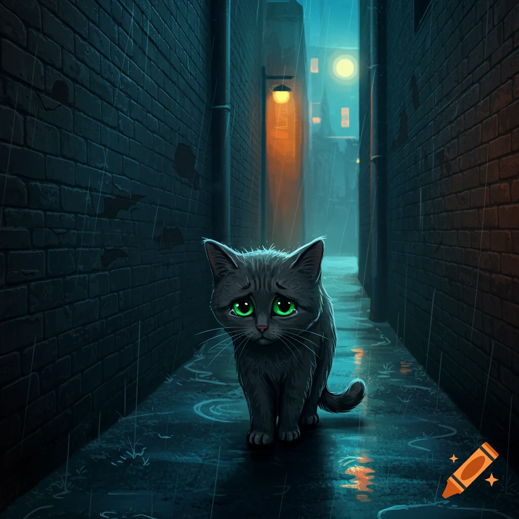 Illustration of a sad gray cat walking in a rainy alleyway on Craiyon