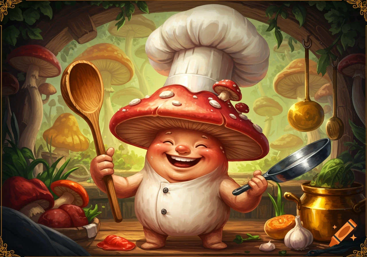 A cheerful cartoon mushroom chef holds a spoon and frying pan in a ...