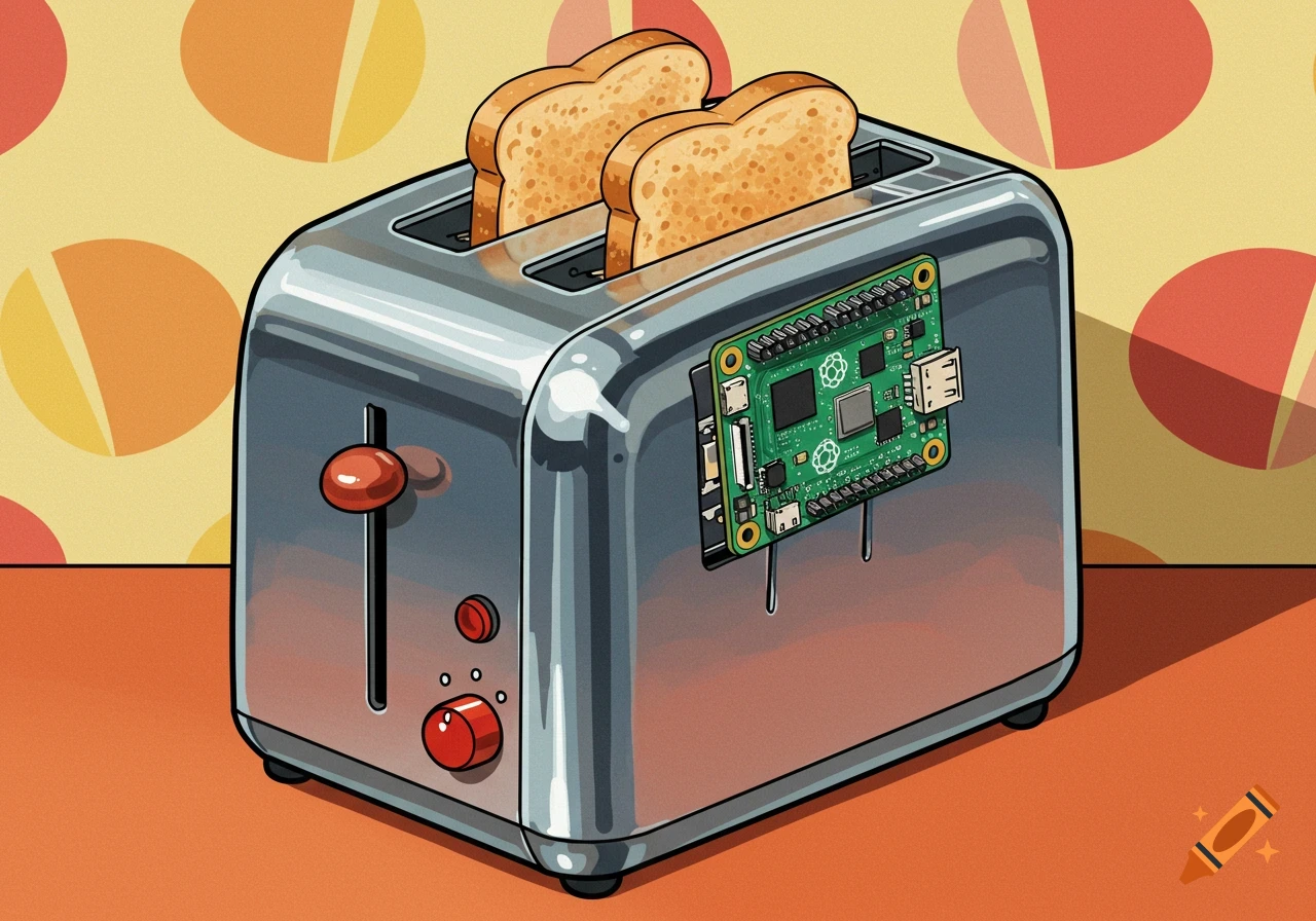 Illustration of a toaster with toast and a Raspberry Pi circuit board ...