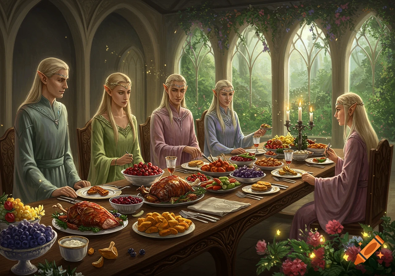Elves dine at a long table filled with food in a grand hall overlooking ...